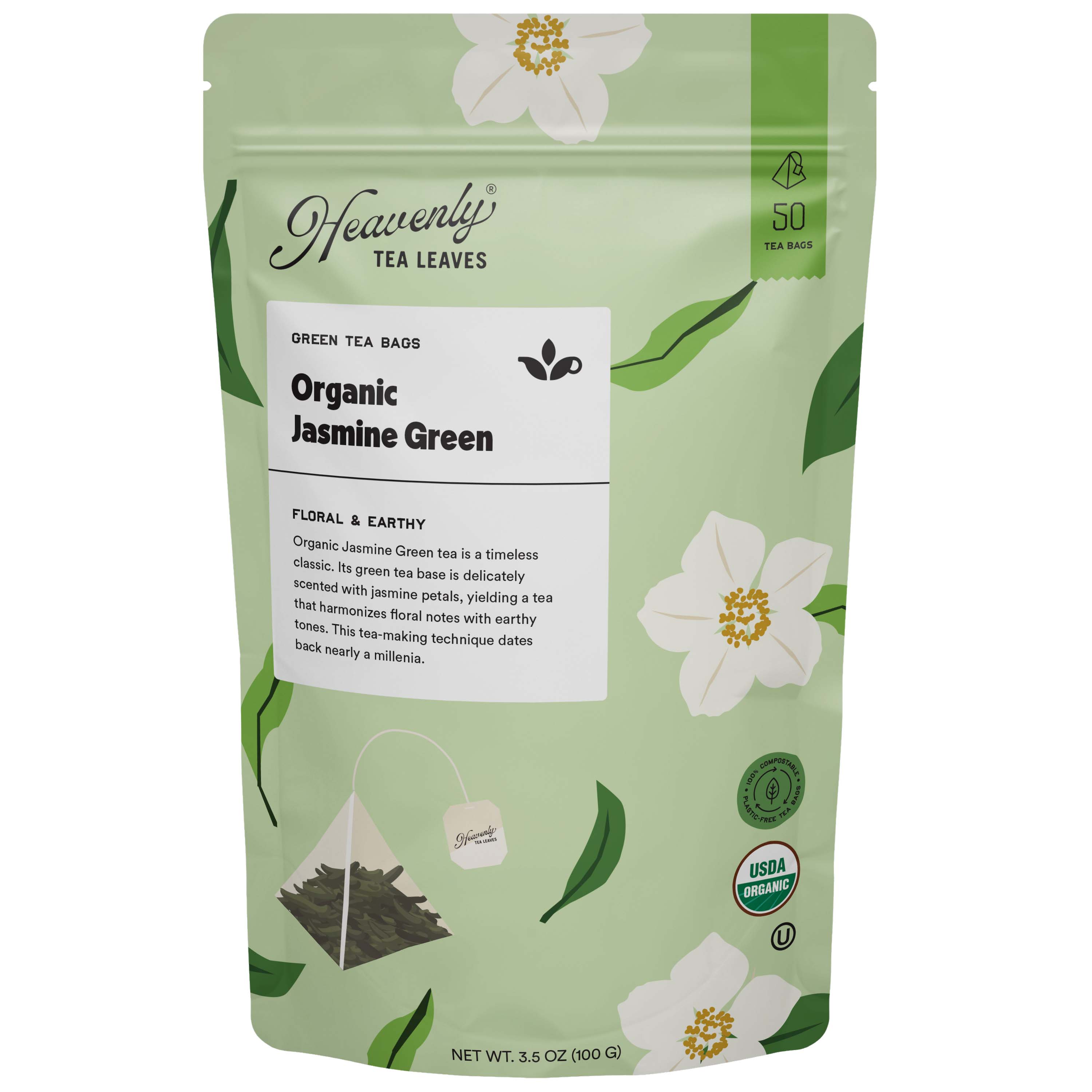 Organic Jasmine Green, Compostable Pyramid Tea Bags, 50 Count ...